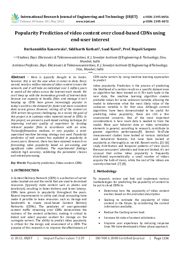 Pdf Popularity Prediction Of Video Content Over Cloud Based Cdns Using End User Interest
