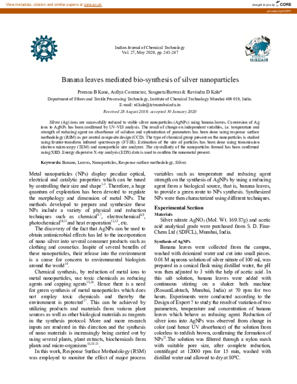 (PDF) Banana leaves mediated bio-synthesis of silver nanoparticles