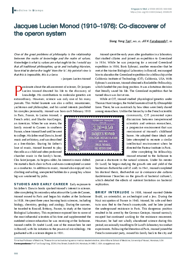 (PDF) Jacques Lucien Monod (1910–1976): Co-discoverer of the operon system