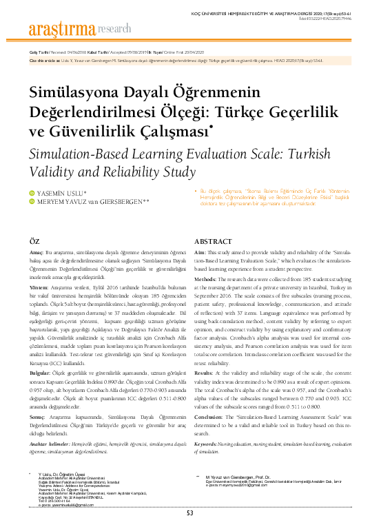 (PDF) Simulation-Based Learning Evaluation Scale: Turkish Validity and Reliability Study