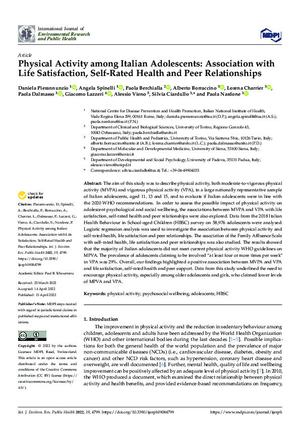 (PDF) Physical Activity among Italian Adolescents: Association with Life Satisfaction, Self ...