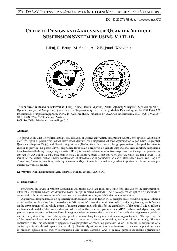 (PDF) Optimal Design and Analysis of Quarter Vehicle Suspension System by Using Matlab