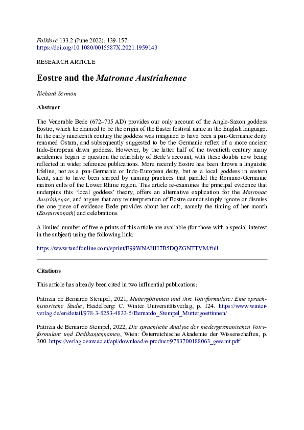 (PDF) Eostre and the Matronae Austriahenae.