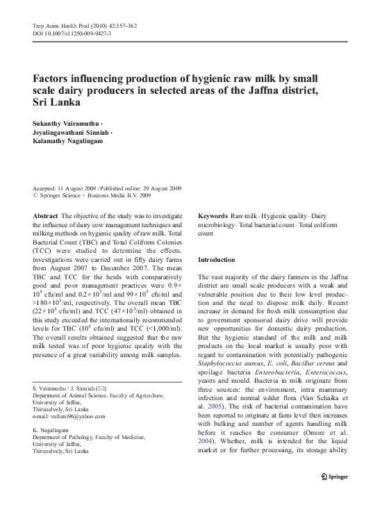 (PDF) Factors influencing production of hygienic raw milk by small ...