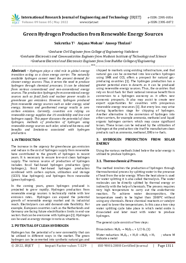 (PDF) Green Hydrogen Production from Renewable Energy Sources