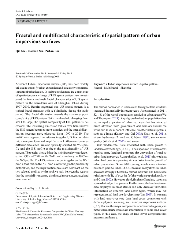 Pdf Fractal And Multifractal Characteristic Of Spatial Pattern Of Urban Impervious Surfaces
