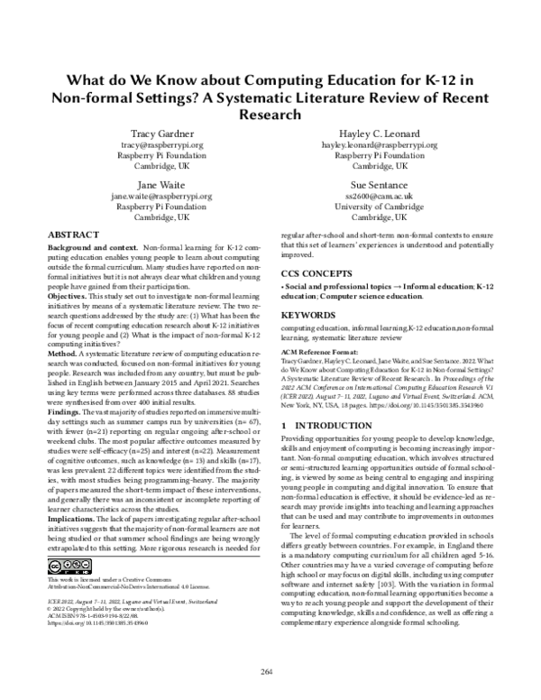 Pdf What Do We Know About Computing Education For K 12 In Non Formal Settings A Systematic