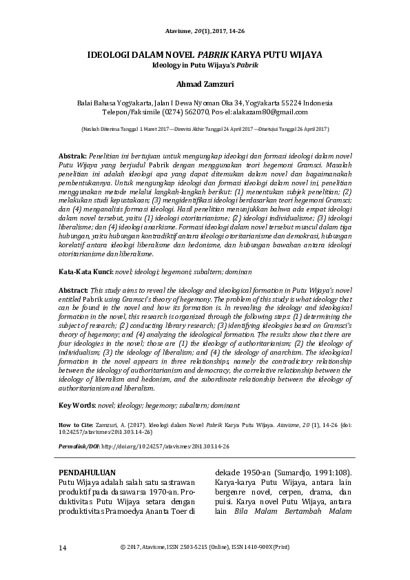 (PDF) Ideologi dalam Novel Pabrik Karya Putu Wijaya