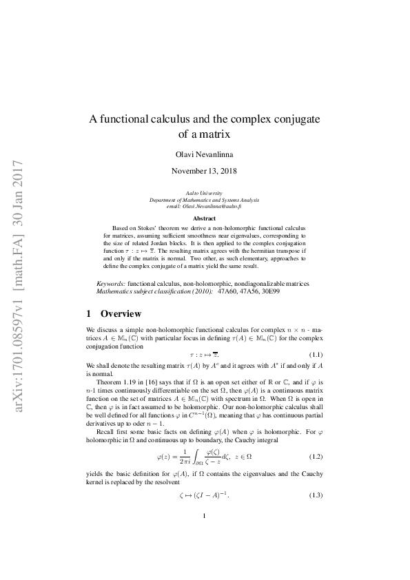 Pdf A Functional Calculus And The Complex Conjugate Of A Matrix