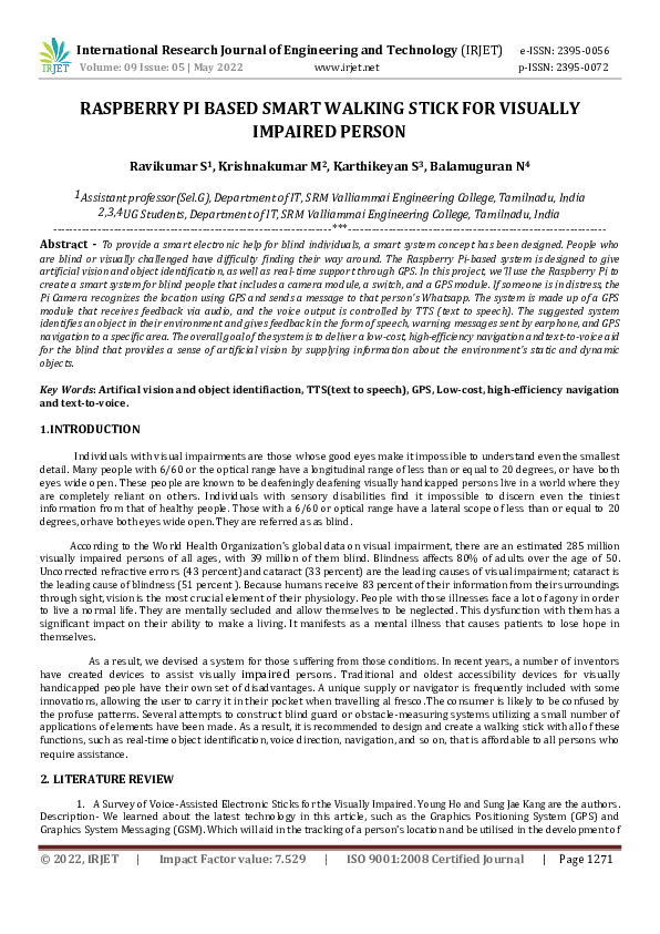 (PDF) RASPBERRY PI BASED SMART WALKING STICK FOR VISUALLY IMPAIRED PERSON