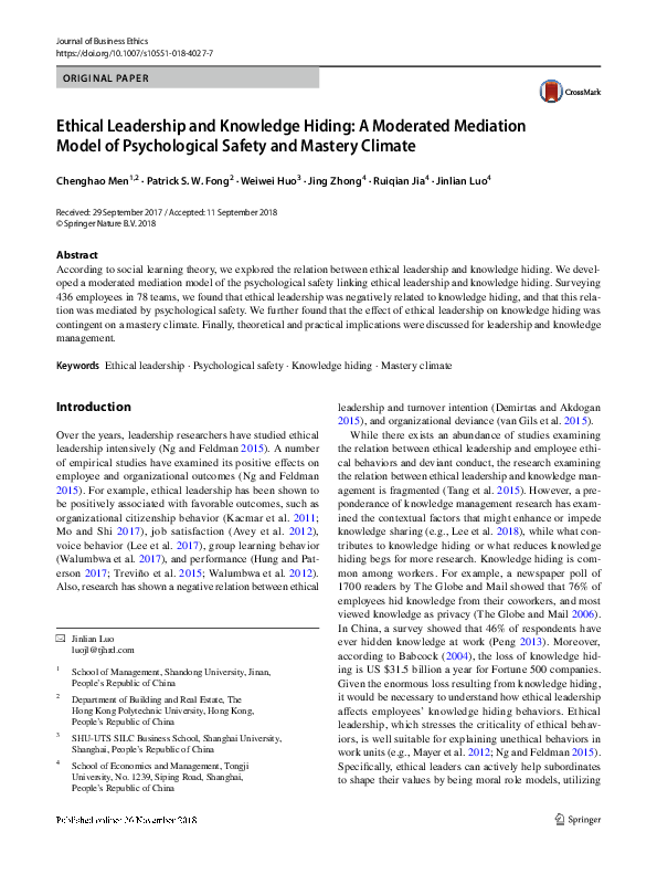 (PDF) Ethical Leadership and Knowledge Hiding: A Moderated Mediation Model of Psychological ...