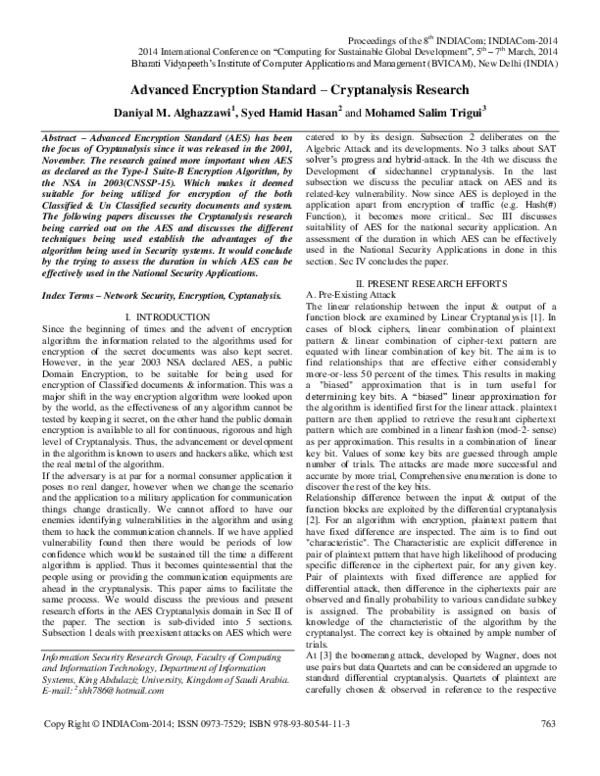 Pdf Advanced Encryption Standard Cryptanalysis Research