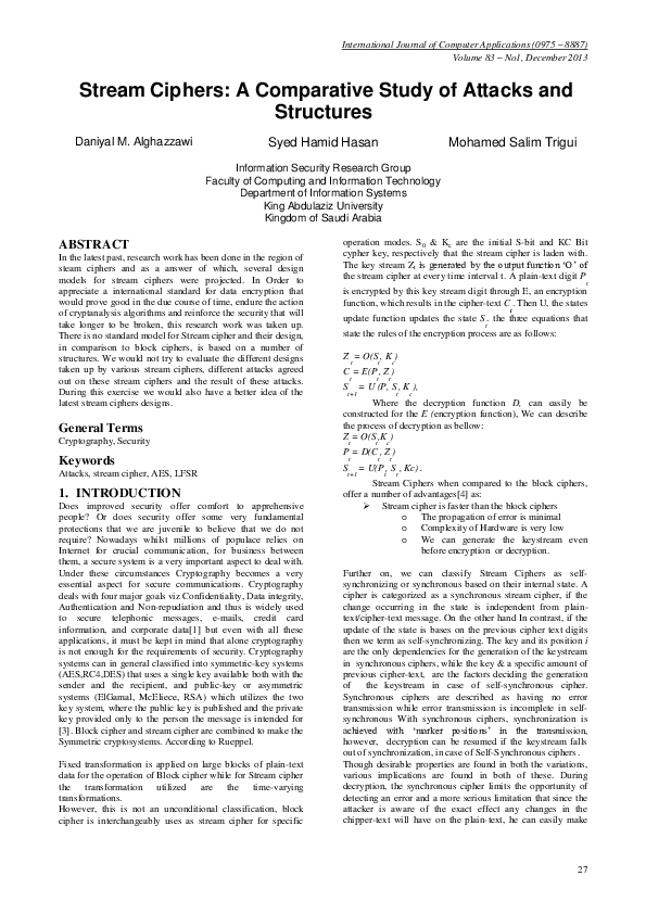 (PDF) Stream Ciphers: A Comparative Study of Attacks and Structures
