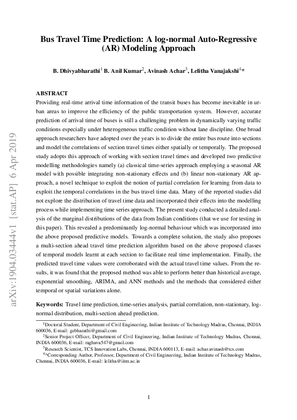Pdf Bus Travel Time Prediction A Log Normal Auto Regressive Ar Modelling Approach