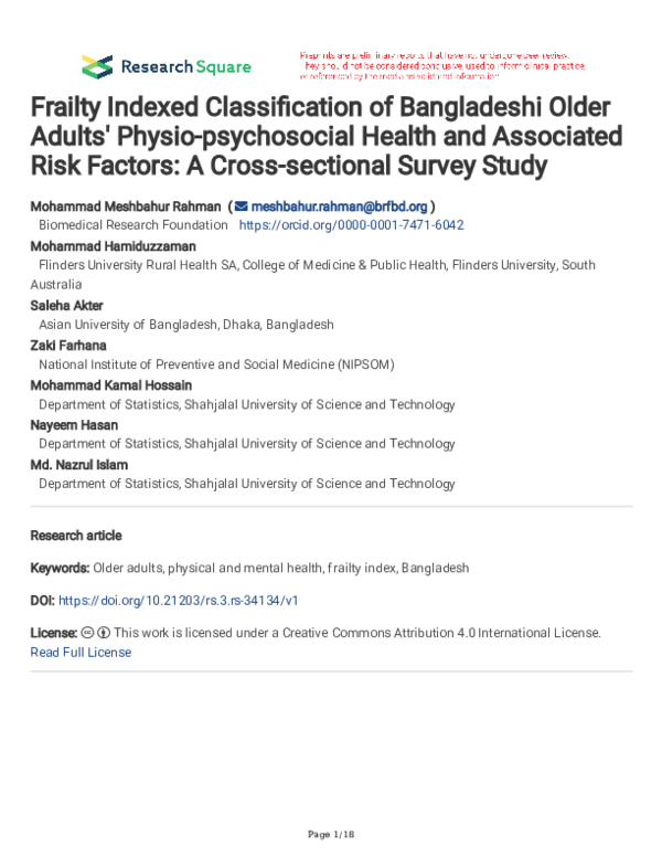 (PDF) Frailty Indexed Classification of Bangladeshi Older Adults ...