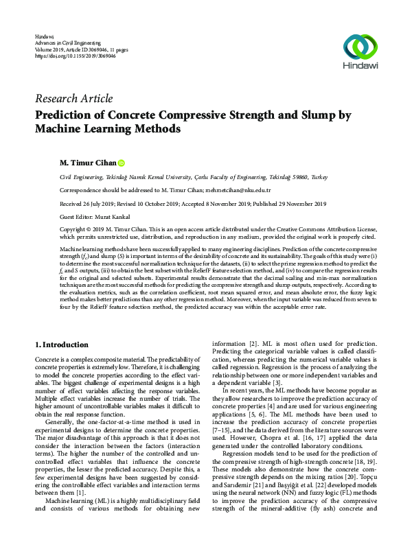 (PDF) Prediction of Concrete Compressive Strength and Slump by Machine Learning Methods