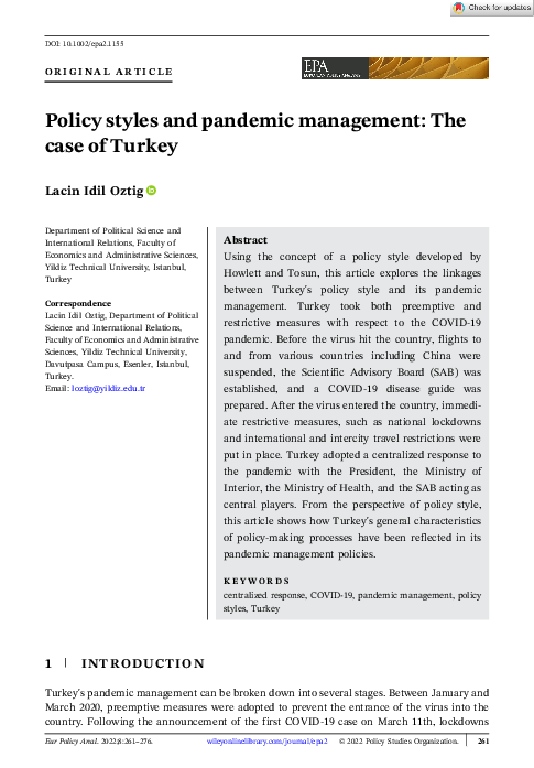 (PDF) Policy styles and pandemic management: The case of Turkey