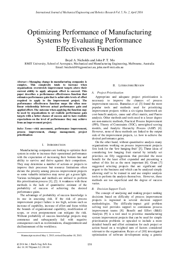 (PDF) Optimizing Performance of Manufacturing Systems by Evaluating Performance Effectiveness ...