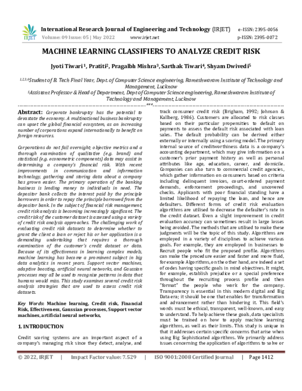 (PDF) MACHINE LEARNING CLASSIFIERS TO ANALYZE CREDIT RISK