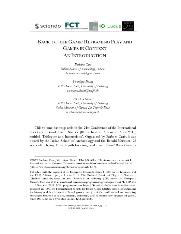 (PDF) Back to the Game: Reframing Play and Games in Context. An Introduction