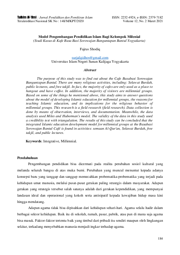 (PDF) Model Pengembangan Pendidikan Islam Bagi Kelompok Milenial (Studi ...