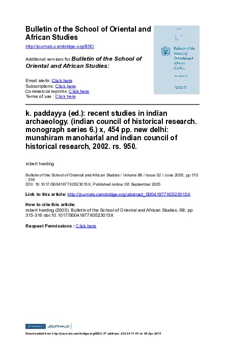 (PDF) K. PADDAYYA (ed.): Recent Studies in Indian Archaeology . (Indian ...