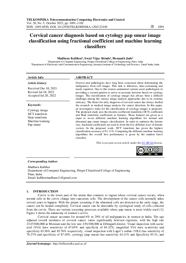 Pdf Cervical Cancer Diagnosis Based On Cytology Pap Smear Image