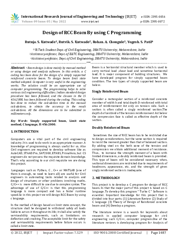(PDF) Design of RCC Beam By using C Programming