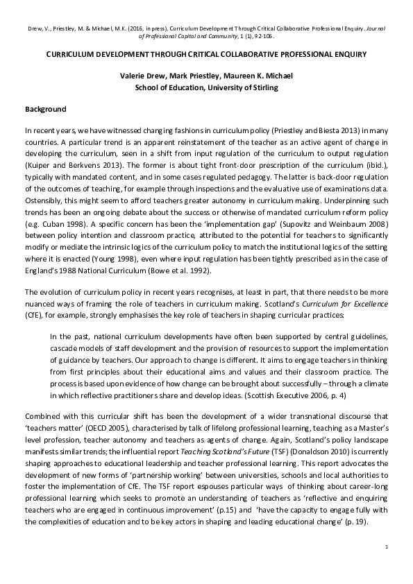 (PDF) Curriculum development through critical collaborative professional enquiry