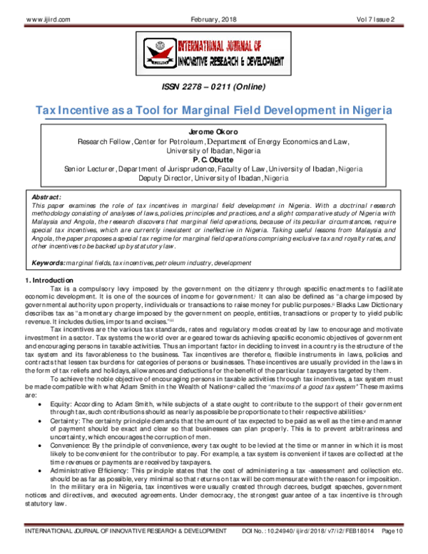 (PDF) Tax Incentive as a Tool for Marginal Field Development in Nigeria ...