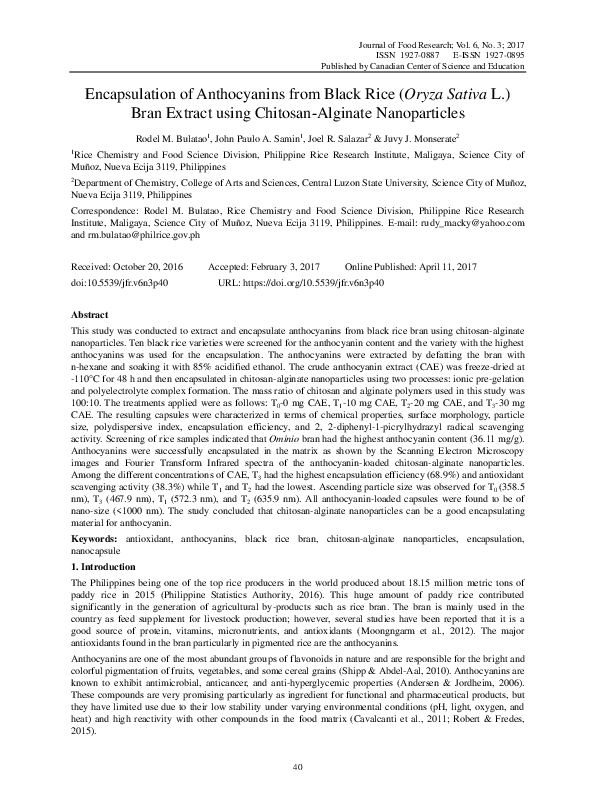 (PDF) Encapsulation of Anthocyanins from Black Rice (Oryza Sativa L.) Bran Extract using ...