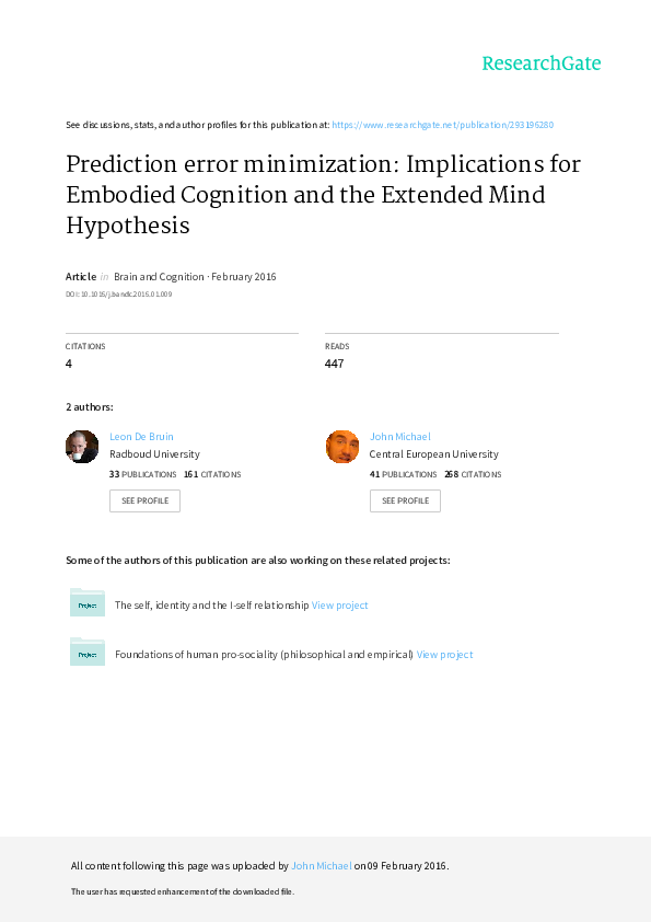 (PDF) Prediction error minimization: Implications for Embodied Cognition and the Extended Mind ...