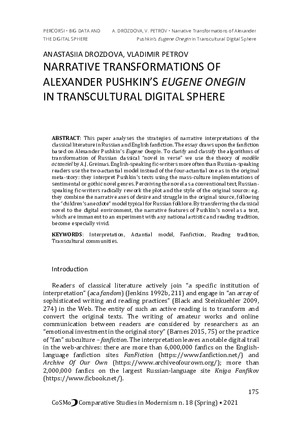 (PDF) Narrative Transformations of Alexander Pushkin's "Eugene Onegin ...