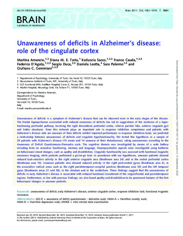(PDF) Unawareness of deficits in Alzheimer’s disease: role of the ...