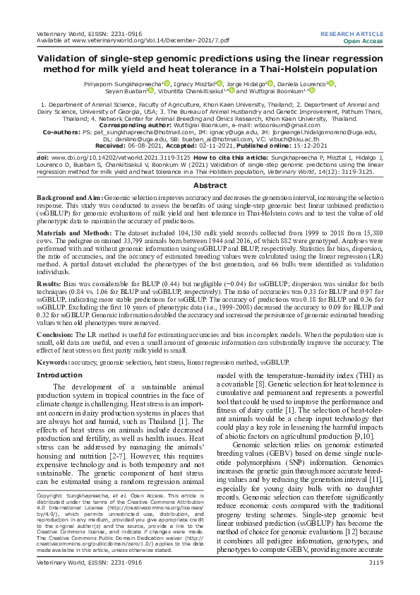 Pdf Validation Of Single Step Genomic Predictions Using The Linear Regression Method For Milk