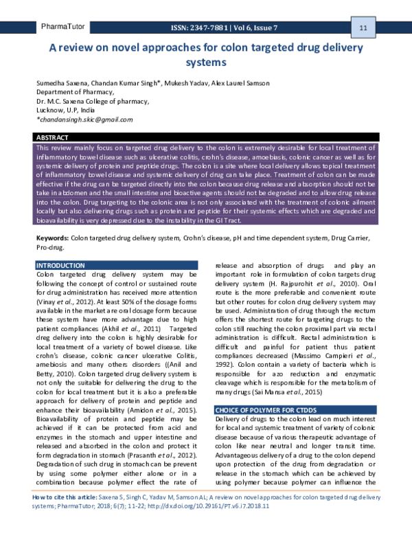 Pdf A Review On Novel Approaches For Colon Targeted Drug Delivery Systems