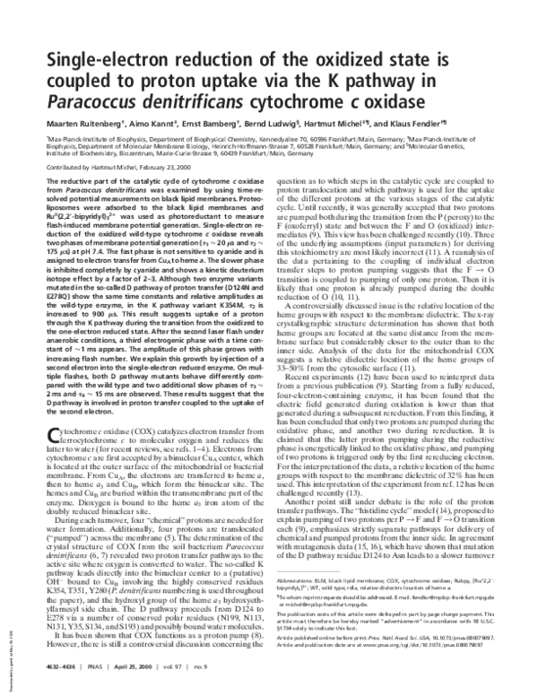 Pdf Single Electron Reduction Of The Oxidized State Is Coupled To Proton Uptake Via The K
