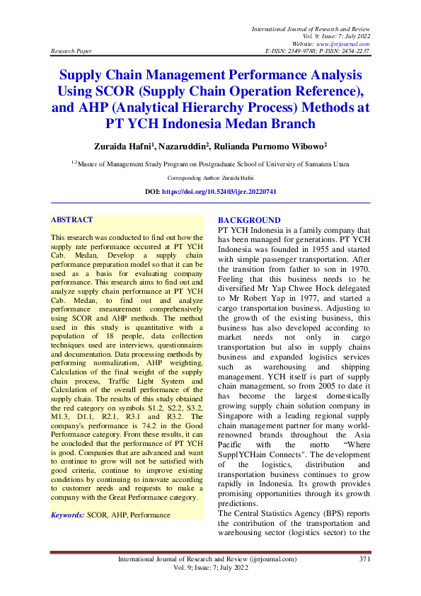 Pdf Supply Chain Management Performance Analysis Using Scor Supply Chain Operation Reference