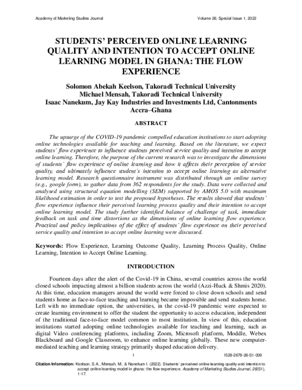 (PDF) Students Perceived Online Learning Quality and Intention To ...