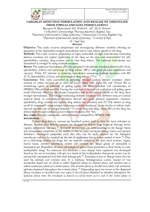 Pdf Variables Affecting Formulation And Release Of Nimesulide From