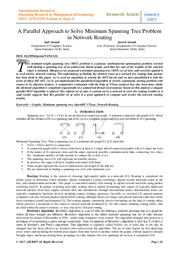 Pdf A Parallel Approach To Solve Minimum Spanning Tree Problem In Network Routing Saif Ahmed