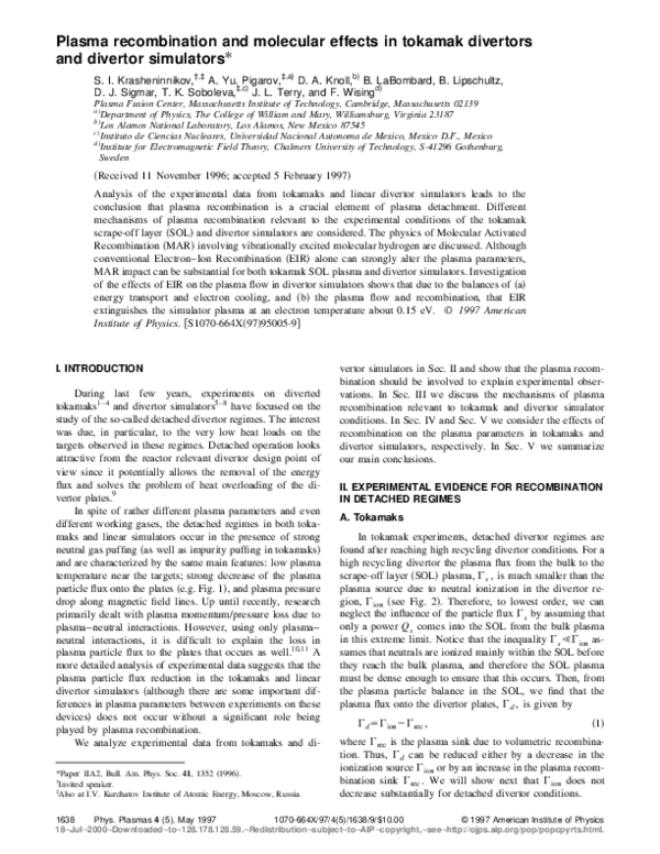 (PDF) Plasma recombination and molecular effects in tokamak divertors and divertor simulators