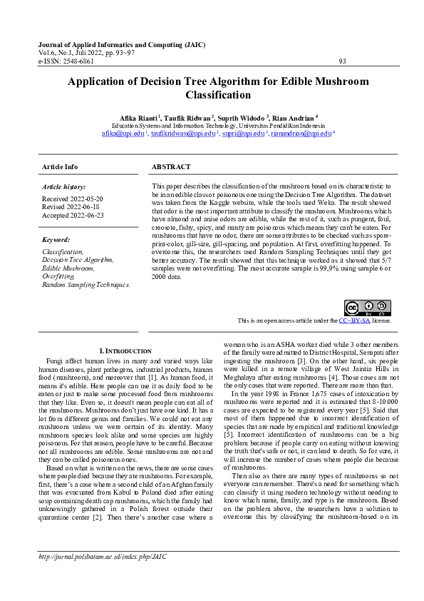 (PDF) Application of Decision Tree Algorithm for Edible Mushroom Classification