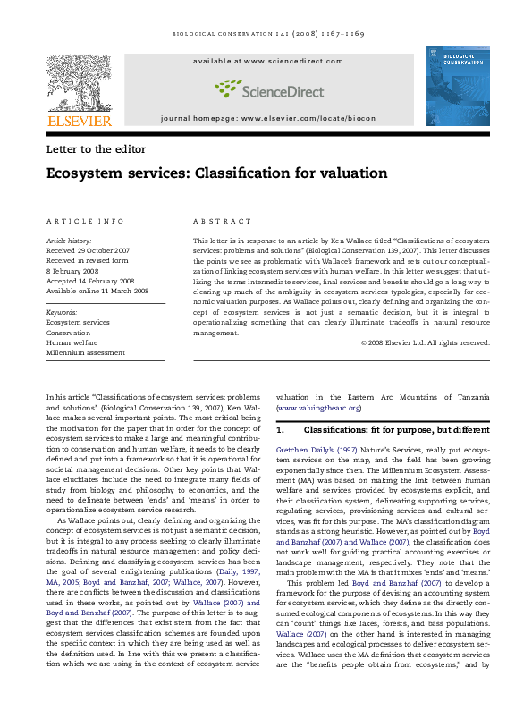 (PDF) Ecosystem services: Classification for valuation