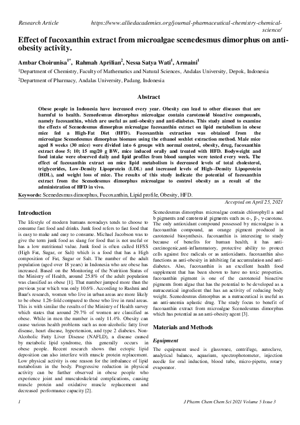 (PDF) Effect of fucoxanthin extract from microalgae scenedesmus dimorphus on anti-obesity ...