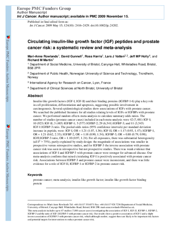 Pdf Circulating Insulin Like Growth Factor Peptides And Prostate