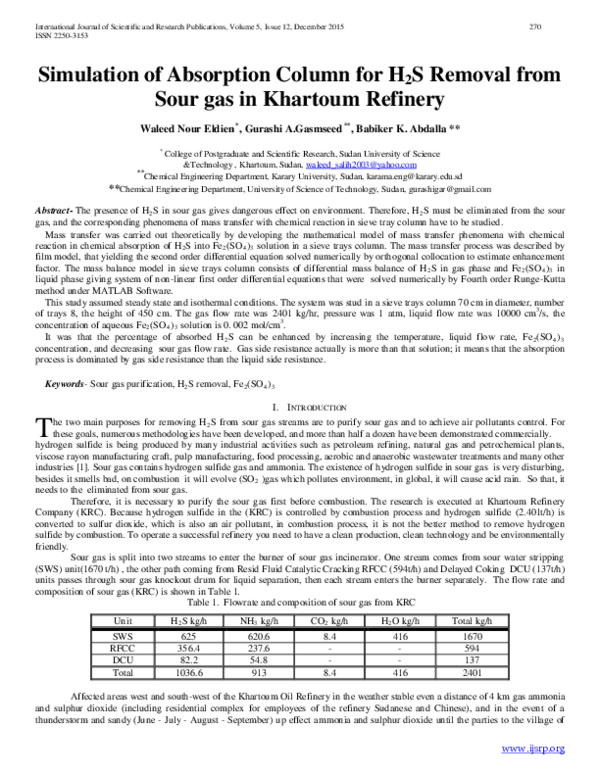(PDF) Simulation of Absorption Column for H 2 S Removal from Sour gas in Khartoum Refinery