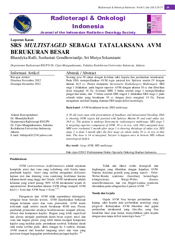 (PDF) SRS Multistaged sebagai Tatalaksana AVM Berukuran Besar | Sri ...