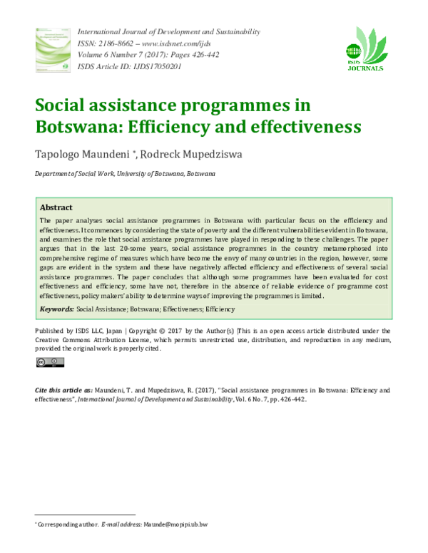 (PDF) Social assistance programmes in Botswana: Efficiency and ...