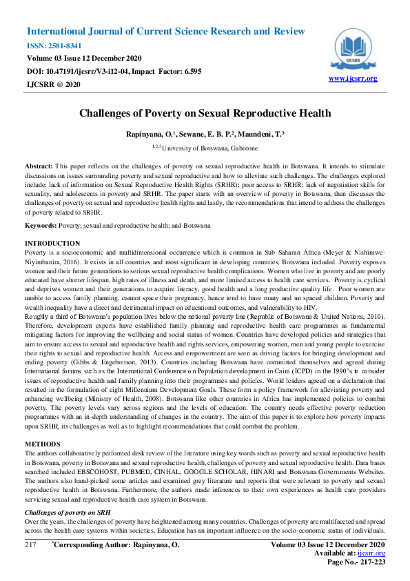 Pdf Challenges Of Poverty On Sexual Reproductive Health